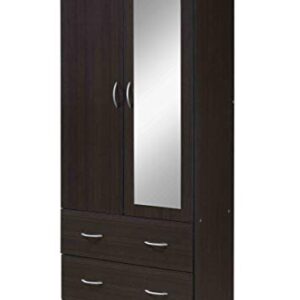 Hodedah Two Door Wardrobe with Two Drawers and Hanging Rod plus Mirror, Chocolate