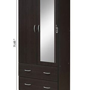 Hodedah Two Door Wardrobe with Two Drawers and Hanging Rod plus Mirror, Chocolate