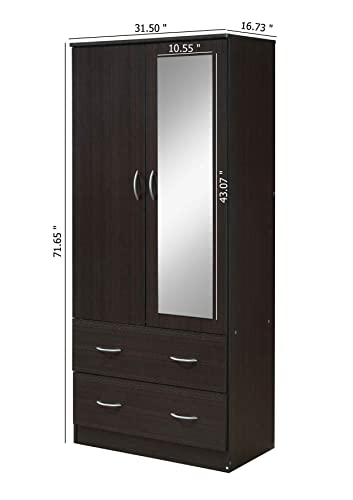 Hodedah Two Door Wardrobe with Two Drawers and Hanging Rod plus Mirror, Chocolate