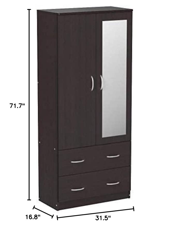 Hodedah Two Door Wardrobe with Two Drawers and Hanging Rod plus Mirror, Chocolate