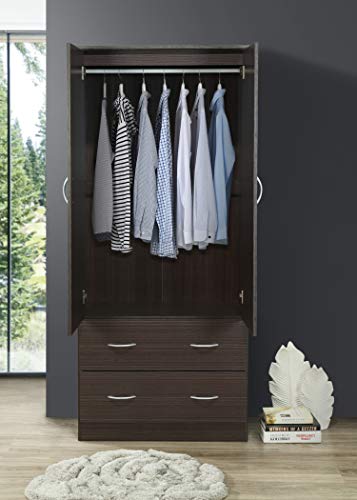 Hodedah Two Door Wardrobe with Two Drawers and Hanging Rod plus Mirror, Chocolate