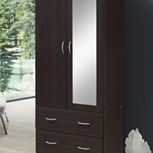 Hodedah Two Door Wardrobe with Two Drawers and Hanging Rod plus Mirror, Chocolate