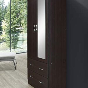 Hodedah Two Door Wardrobe with Two Drawers and Hanging Rod plus Mirror, Chocolate