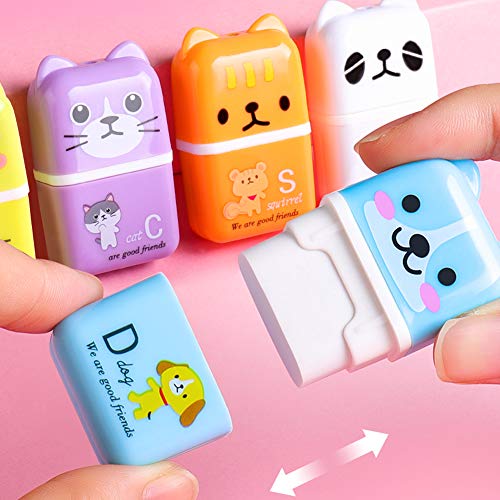 6 Pcs Cute Pencil Eraser, Cartoon Animal Themed Roller Colorful Rectangle Eraser, Pencil Rubber Erasers for Kids School Office Supply Stationery