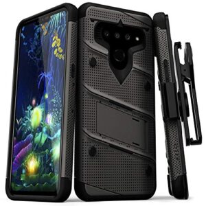 zizo bolt series lg v50 thinq 5g case | military-grade drop protection w/ kickstand bundle includes belt clip holster + lanyard metal gray black