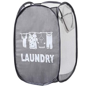 jkhome square pop up laundry mesh hamper collapsible dirty clothes sorter basket bag home, foldable, mesh, durable handles, holds 2 loads (1, grey)