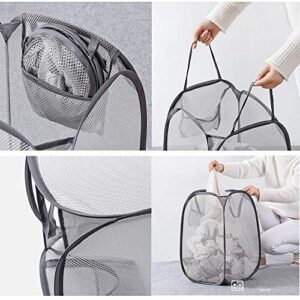 Jkhome Square Pop Up Laundry Mesh Hamper Collapsible Dirty Clothes Sorter Basket Bag Home, Foldable, Mesh, Durable Handles, Holds 2 Loads (1, Grey)