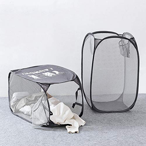 Jkhome Square Pop Up Laundry Mesh Hamper Collapsible Dirty Clothes Sorter Basket Bag Home, Foldable, Mesh, Durable Handles, Holds 2 Loads (1, Grey)