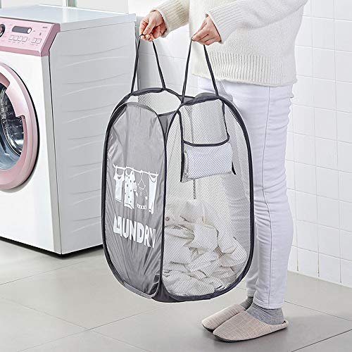 Jkhome Square Pop Up Laundry Mesh Hamper Collapsible Dirty Clothes Sorter Basket Bag Home, Foldable, Mesh, Durable Handles, Holds 2 Loads (1, Grey)