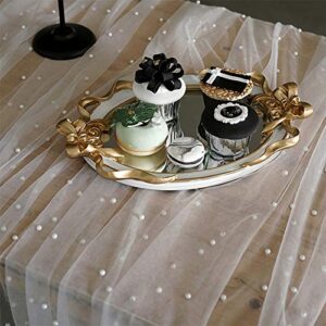 Table Runner Wedding Arch Decorations Table Line Bridal Shower Decor Fabric Romantic Pearl Lace Tablecloth for Events Embroidered Sheer Wrinkle Free White Dessert Table Cloth Chiffon Tulle White