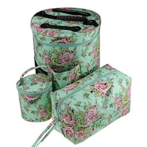 Katech Empty Yarn Bags Set 3 Pieces Green Knitting Bags Flower Pattern Large Capacity Yarn Round Storage Bag Organizer Travel Wrist Tote Bag for Holding Yarn Balls, Crochets Hooks and Knitting Kit