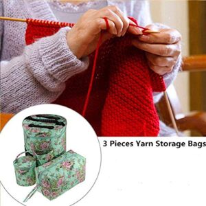 Katech Empty Yarn Bags Set 3 Pieces Green Knitting Bags Flower Pattern Large Capacity Yarn Round Storage Bag Organizer Travel Wrist Tote Bag for Holding Yarn Balls, Crochets Hooks and Knitting Kit