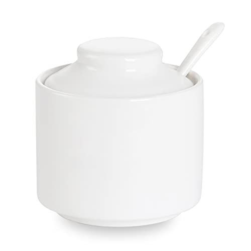 ONTUBE Ceramic Sugar Bowl with Lid and Spoon,Porcelain Seasoning Box Salt Bowl,8oz White