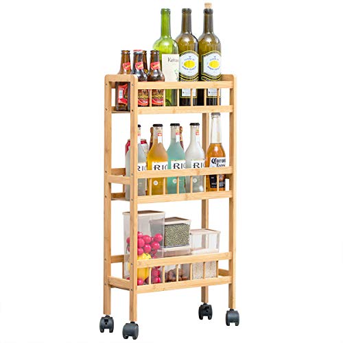 COPREE Bamboo 3-Tier Kitchen Removable Storage Cart, Slim Slide Out Rolling Pantry Shelf