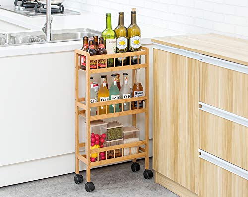 COPREE Bamboo 3-Tier Kitchen Removable Storage Cart, Slim Slide Out Rolling Pantry Shelf