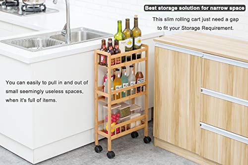 COPREE Bamboo 3-Tier Kitchen Removable Storage Cart, Slim Slide Out Rolling Pantry Shelf