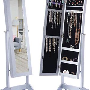 DECOMIL Jewelry Cabinet With Mirror, LED Lights, Jewelry Armoire Organizer with Mirror, Large Storage 57" Tall Mirrored Armoire Box, Modern, Pure White