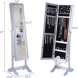 DECOMIL Jewelry Cabinet With Mirror, LED Lights, Jewelry Armoire Organizer with Mirror, Large Storage 57" Tall Mirrored Armoire Box, Modern, Pure White