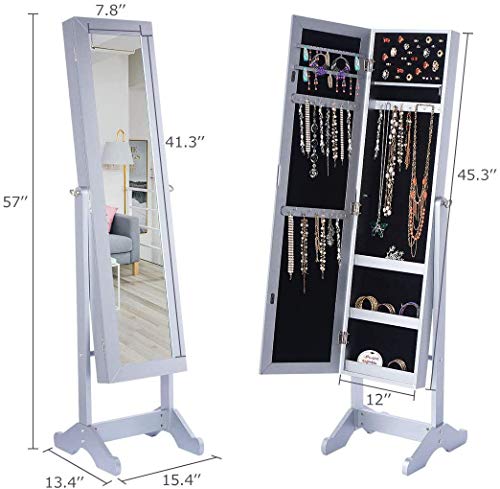 DECOMIL Jewelry Cabinet With Mirror, LED Lights, Jewelry Armoire Organizer with Mirror, Large Storage 57" Tall Mirrored Armoire Box, Modern, Pure White