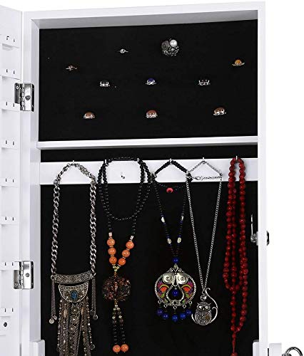 DECOMIL Jewelry Cabinet With Mirror, LED Lights, Jewelry Armoire Organizer with Mirror, Large Storage 57" Tall Mirrored Armoire Box, Modern, Pure White