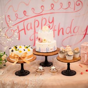 Wood Cake Dessert Stand with Metal Black Matt Base, 8 inches Round Cupcake Holder, Wedding Birthday Party Pedestal Display Plate (Wood, L)