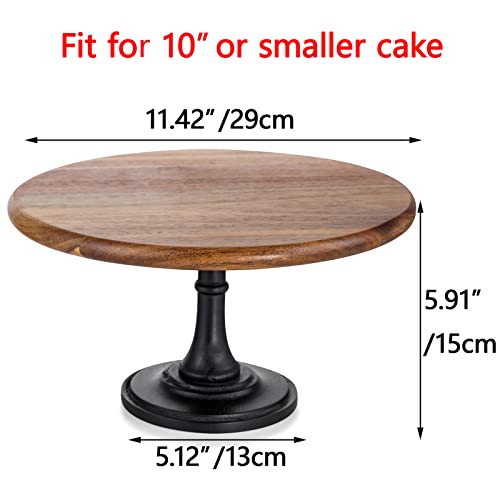 Wood Cake Dessert Stand with Metal Black Matt Base, 8 inches Round Cupcake Holder, Wedding Birthday Party Pedestal Display Plate (Wood, L)