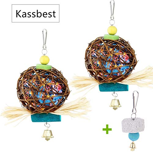 Kassbest Bird Parrot Chewing Toys,Natural Rattan Ball Shredder Toy Cage Foraging Shredder Toy and Bird Beak Grinding Stone Lava Block Calcium Supplement for Budgie Lovebirds Conures Parakeet 2 Pack