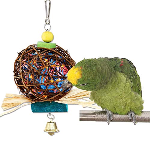 Kassbest Bird Parrot Chewing Toys,Natural Rattan Ball Shredder Toy Cage Foraging Shredder Toy and Bird Beak Grinding Stone Lava Block Calcium Supplement for Budgie Lovebirds Conures Parakeet 2 Pack