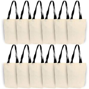 natural canvas tote bags 6 oz with bottom gusset for crafts, shopping, groceries, books, 13x11x3.2 inches (black - 12 pack)