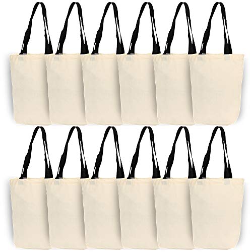 Natural Canvas Tote Bags 6 oz with Bottom Gusset for Crafts, Shopping, Groceries, Books, 13x11x3.2 Inches (Black - 12 Pack)