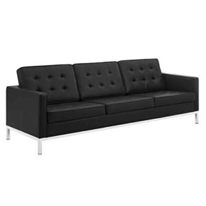 modway eei-3385-slv-blk loft tufted button faux leather upholstered sofa in silver black