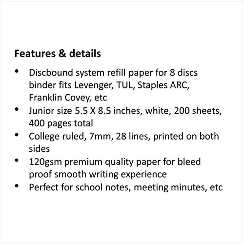 Discette Junior Size Refill Paper, 5.5 x 8.5, Ruled/Lined, 120gsm, For 8 Discs Discbound Notebook and Journal, White, 200 Sheets, 400 Pages