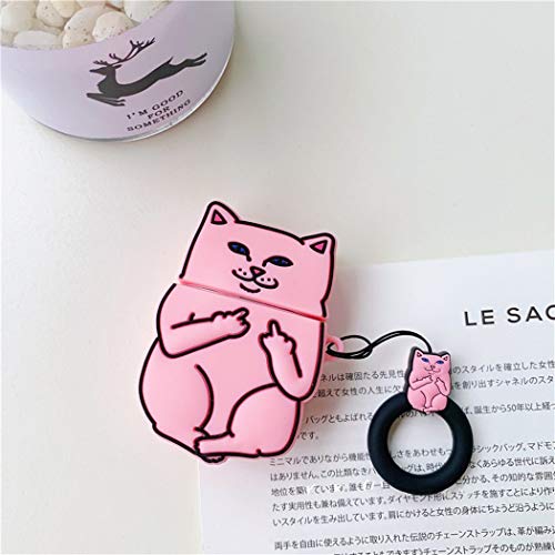 Joyleop(Pink Finger Cat)Compatible with Airpods 1/ 2 Case Cover,3D Cute Cartoon Animal Funny Fun Cool Kawaii Fashion,Silicone Airpod Character Skin Keychain Ring,Girls Boys Teens,Case for Air pods 1&2