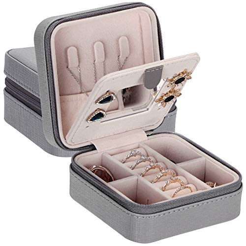 ANWBROAD Travel Jewelry Box Jewelry Case Small Jewelry Box Pportable Mini Display Storage Case with Mirror for Rings Earrings Necklace Bracelets Earrings for Girls Women Faux Leather UJJB001H