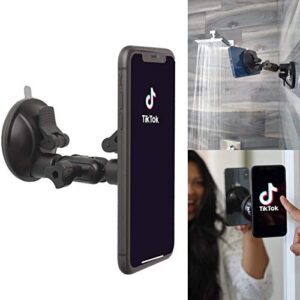 hula+ shower/mirror phone holder/mount/stand. reusable non-residue mount for bathroom/kitchen/wall. compatible with all phones, great gift for tiktok/youtube/make up… (black)