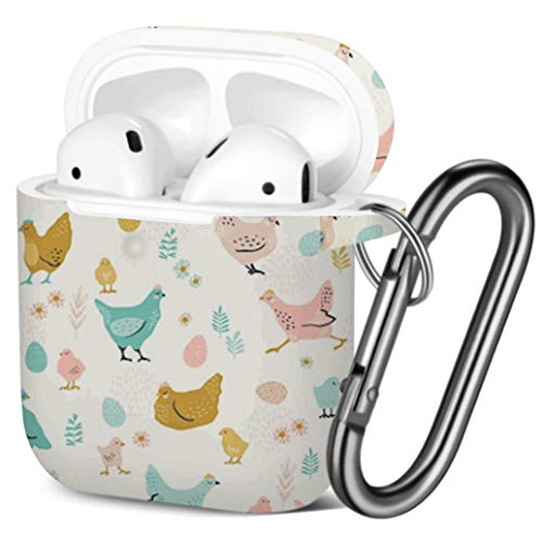 [ Compatible with AirPods 2 and 1 ] Shockproof Soft TPU Gel Case Cover with Keychain Carabiner for Apple AirPods (Chicken Easter)