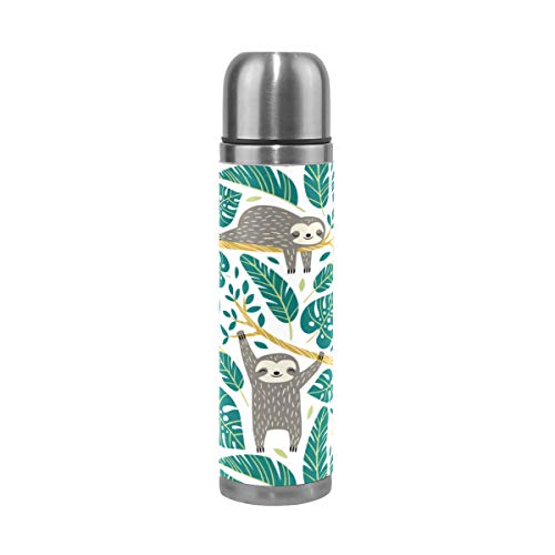 ZOEO Girls Sloth Water Bottle Kids Palm Tree Stainless Steel Water Bottles School Sports Thermos Insulated Metal Custom Coldest Vacuum Reusable 16 oz 500 ml, Leather Bottle Holder