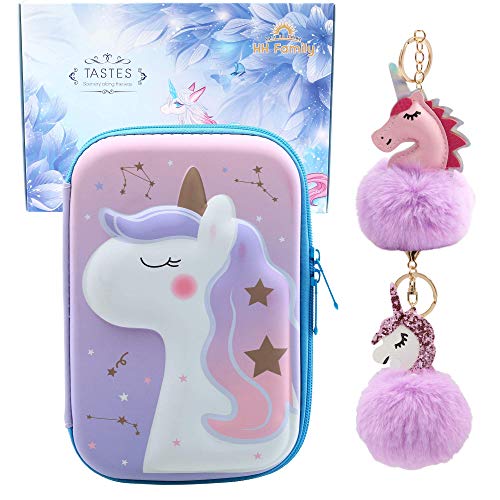 HH Family Llama Unicorn Pencil Case for Girls Hardtop Zipper Pouch with Compartments and 2 Pcs Fur Ball Key Chains (Cute Unicorn D)