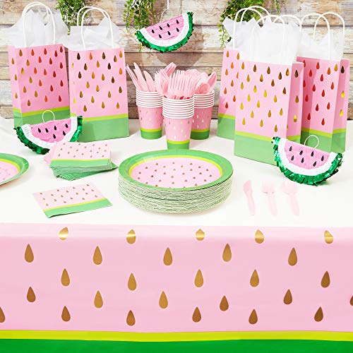 Watermelon Birthday Party Favor Gift Bags with Handles (9 x 5 x 3 in, Pink with Gold Foil)