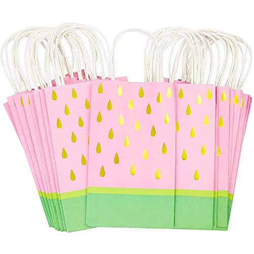 Watermelon Birthday Party Favor Gift Bags with Handles (9 x 5 x 3 in, Pink with Gold Foil)