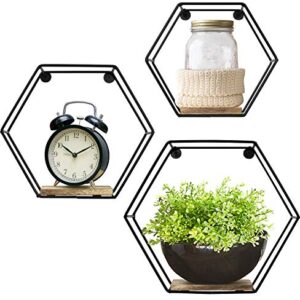 Greenco Geometric Hexagon Shaped Floating Shelves, Honeycomb Shelves, Home Decor, Metal Wire and Rustic Wood Wall Storage Shelves for Bedroom, Living Room, Bathroom, Kitchen and Office – Set of 3