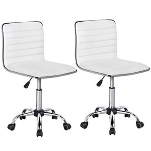 yaheetech adjustable task chair pu leather low back ribbed armless swivel desk chair office chair wheels white, set of 2