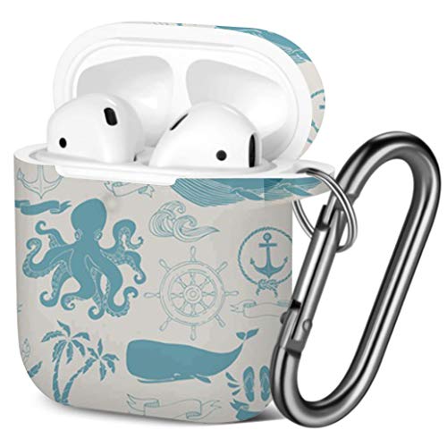 [ Compatible with AirPods 2 and 1 ] Shockproof Soft TPU Gel Case Cover with Keychain Carabiner for Apple AirPods (Ocean Art Nautical)