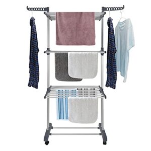 bigzzia clothes drying rack folding clothes rail 3 tier clothes horses rack stainless steel laundry garment dryer stand with two side wings grey