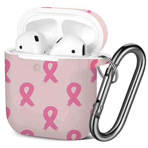 [ Compatible with AirPods 2 and 1 ] Shockproof Soft TPU Gel Case Cover with Keychain Carabiner for Apple AirPods (Breast Cancer Awareness Ribbon)