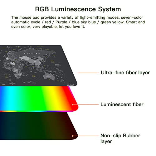 Extended RGB Mouse Pad Mat, rnairni Large Office Table Desk Mat Gaming Lighting Led Mousepad for PC Computer Keyboard Waterproof Anti-Slip Ultra Thin 4mm - 31.5'' x 15.7' (World Map)