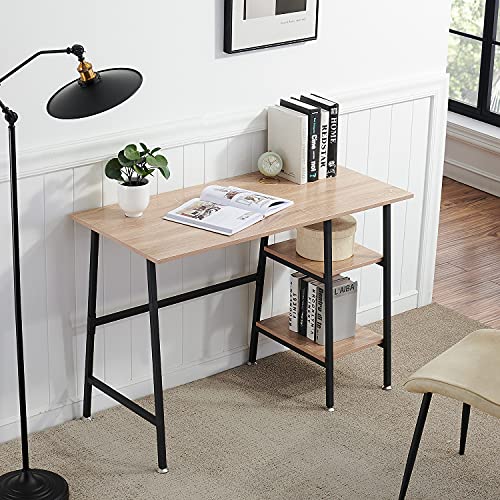 VECELO Computer Desk Study Writing Wooden Table with 2 Tier Storage Shelves on Left or Right for Home Office,Oak