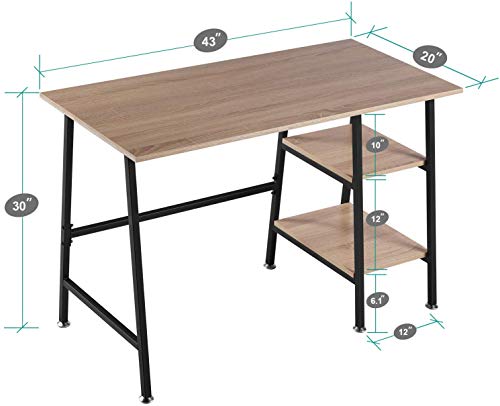 VECELO Computer Desk Study Writing Wooden Table with 2 Tier Storage Shelves on Left or Right for Home Office,Oak