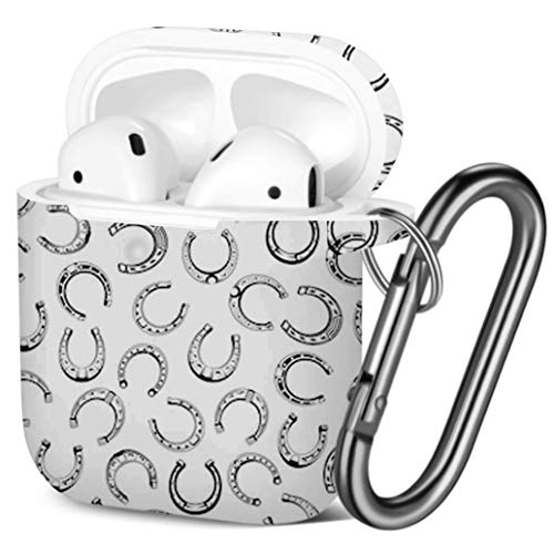 [ Compatible with AirPods 2 and 1 ] Shockproof Soft TPU Gel Case Cover with Keychain Carabiner for Apple AirPods (Horseshoes Icons)