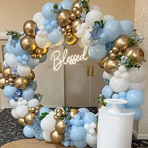 DUBEDAT Blue White Gold Balloon Garland Arch Kit Metallic Chrome God Ballons with Macaroon Blue White Latex Balloons for Birthday Wedding Bridal Shower Party Baby Shower Decoration